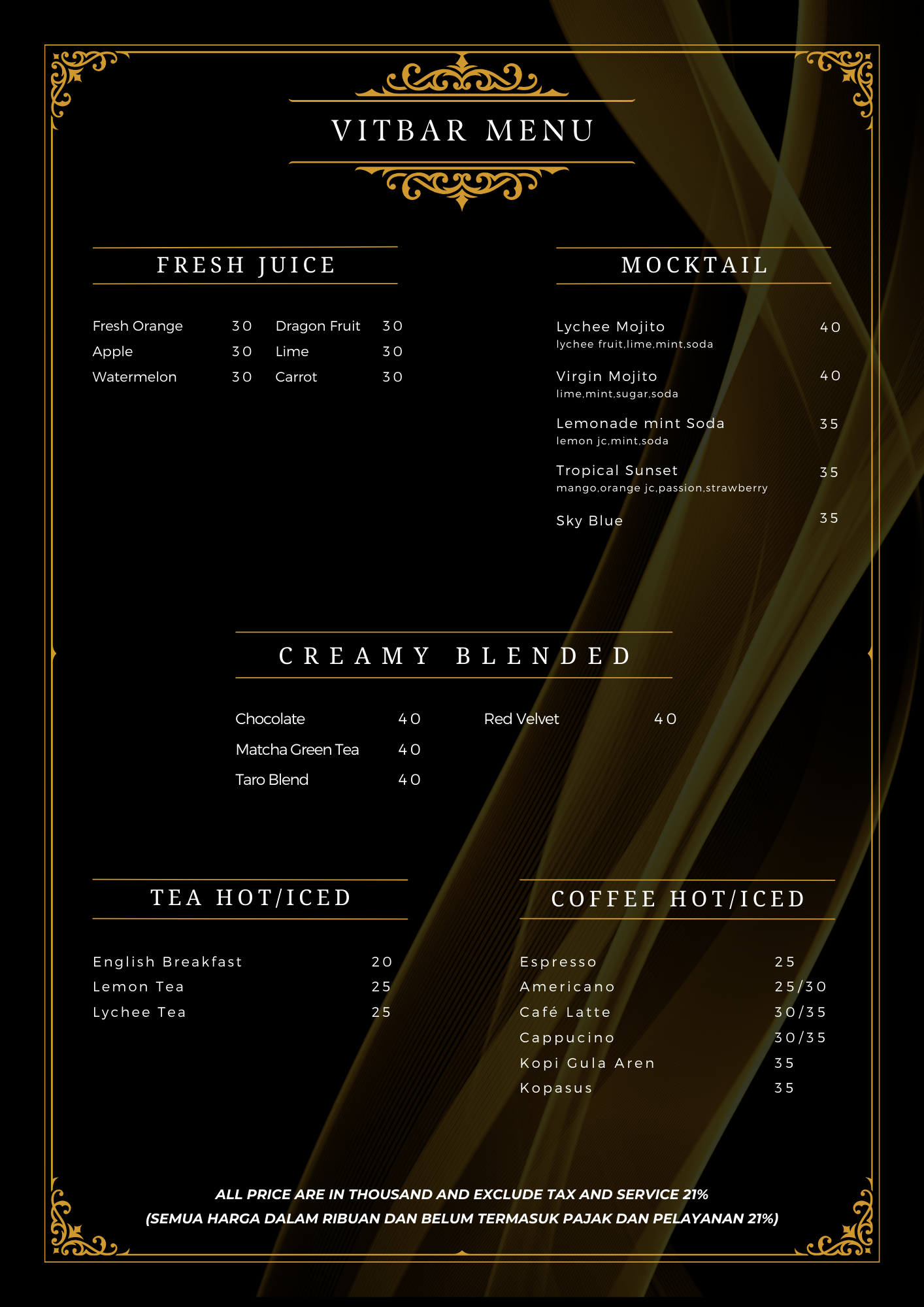 VitBar Menu - Rogers Hotel Manado, Manado | Official Site